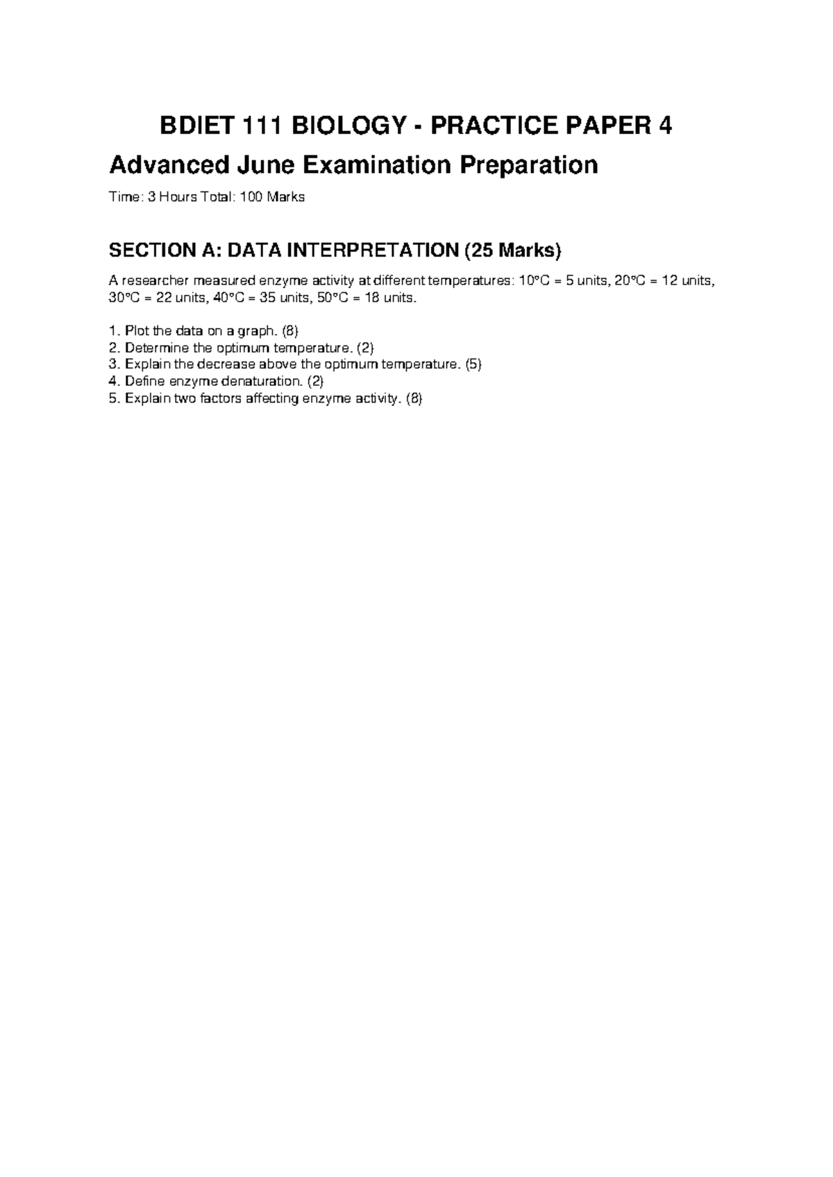 BDIET BIOLOGY PRACTICE PAPER 4 Advanced Exam Prep Guide - Studocu