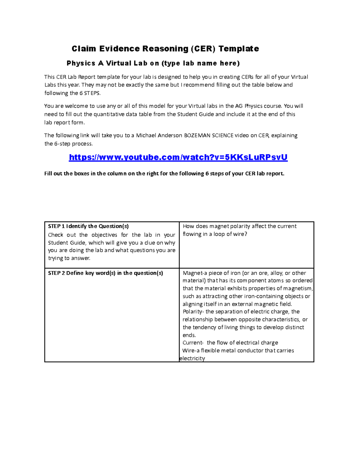 AG Physics: CER Lab Report Template on Magnet Polarity and Current ...