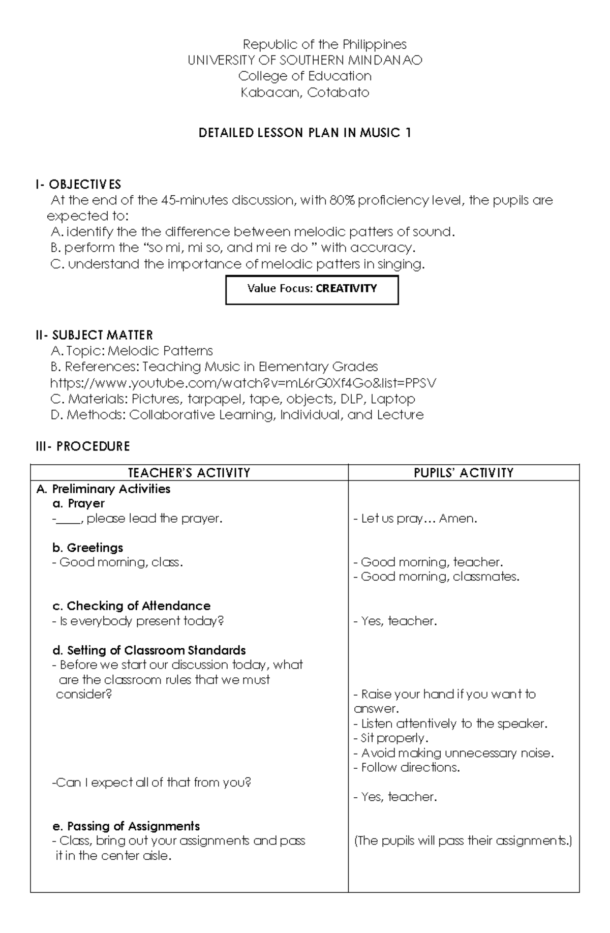 Grade 1 Music Lesson Plan: Understanding Melodic Patterns - Studocu
