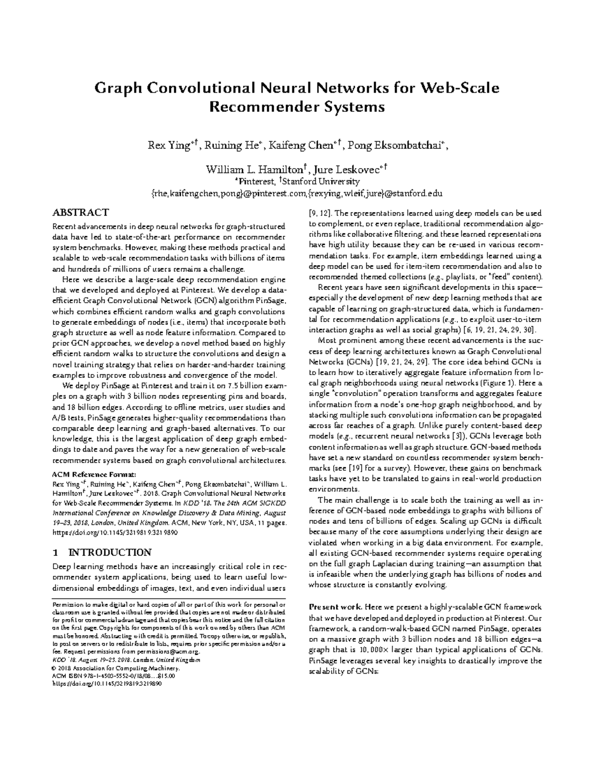 Graph Convolutional Networks for Recommender Systems (KDD 2018) - Studocu