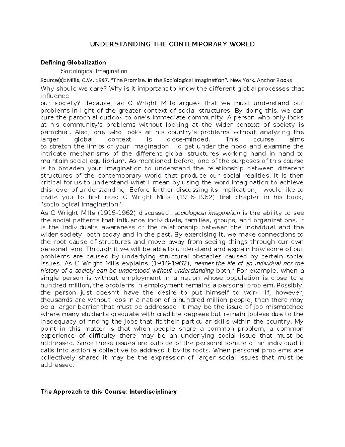 Cont World Notes - UNDERSTANDING THE CONTEMPORARY WORLD Defining ...