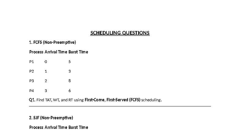 Scheduling Questions: FCFS, SJF, SRTF, Priority & RR Analysis - Studocu