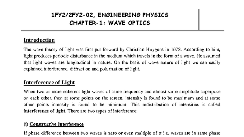 Chapter-1 Wave Optics Notes (ENG PHYS 101) - Studocu