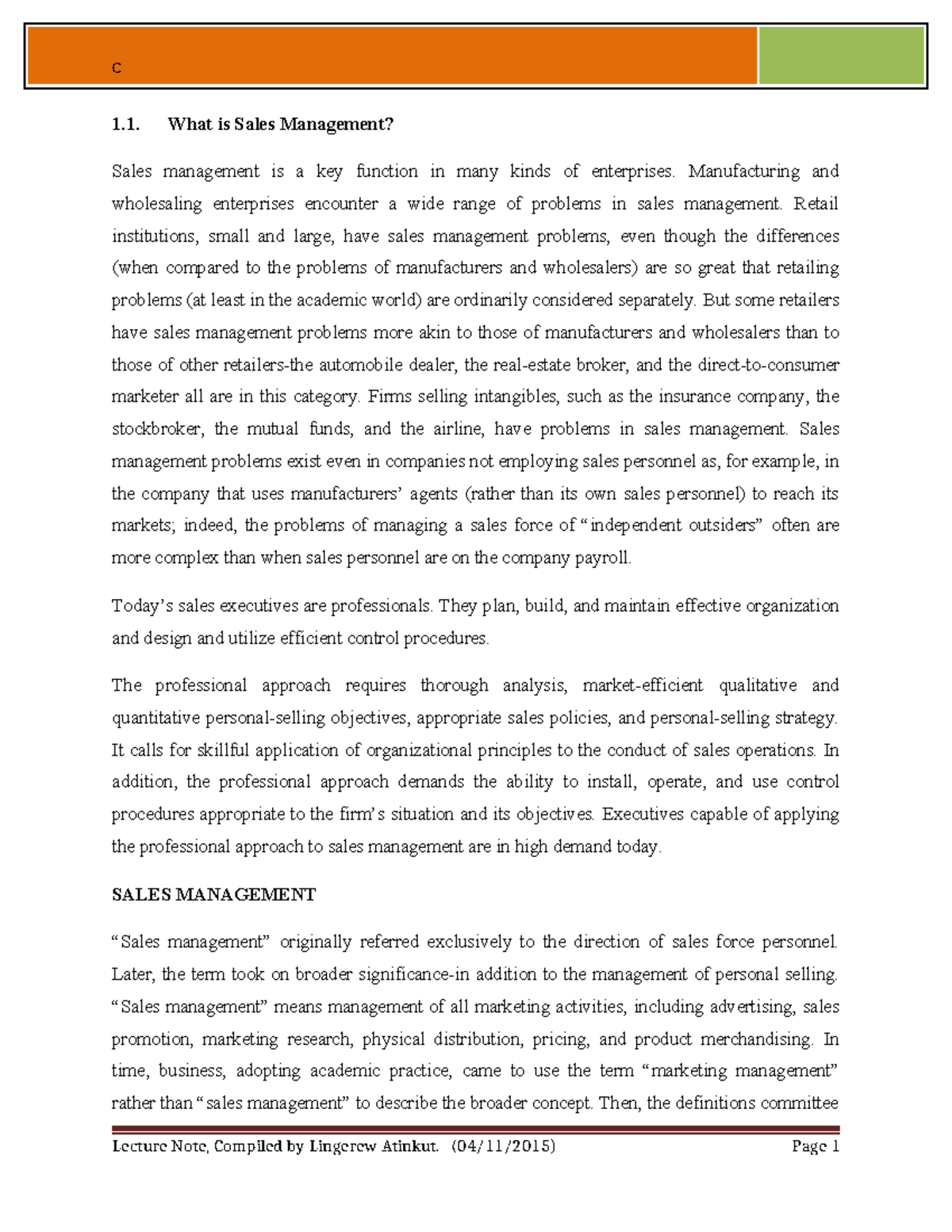 Sales Management Overview: Key Functions and Responsibilities (C 1.1 ...