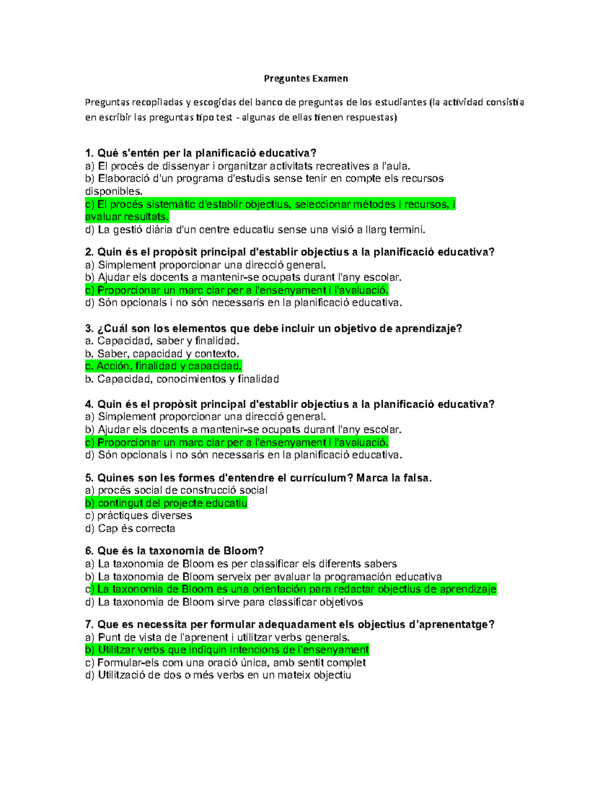 URV Preguntes Examen Recopilades dels Estudiants - Studocu