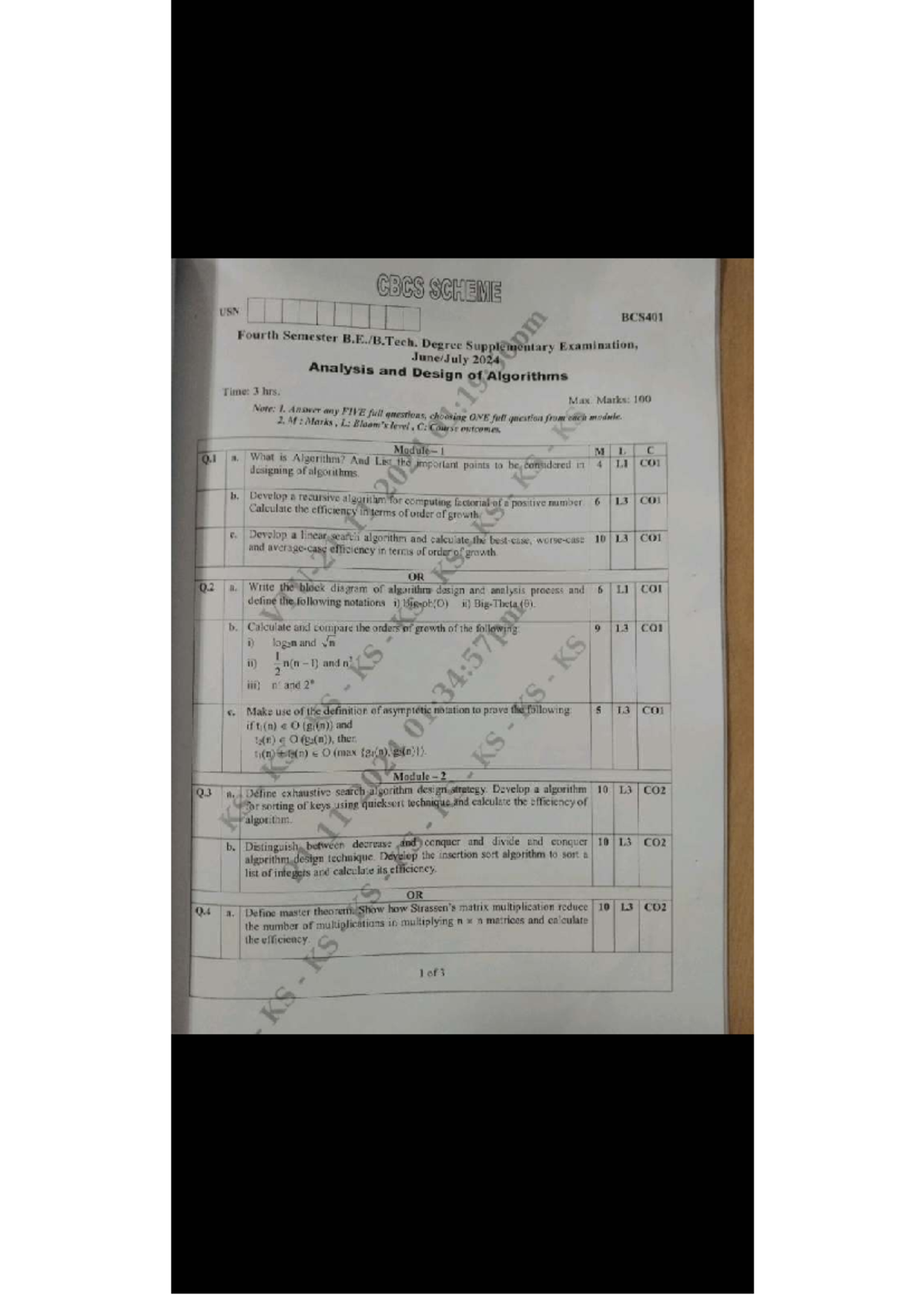 BCS401 Fourth Semester Degree Supplementary Exam 2024: Analysis ...