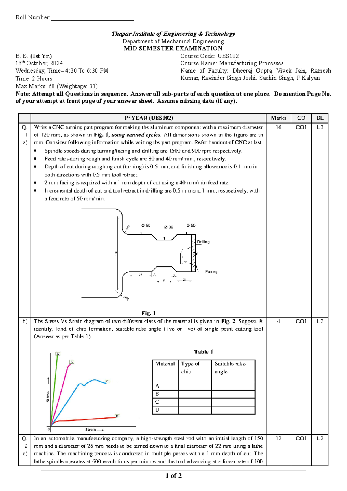 UES102 Mid Sem Exam 2024 - Manufacturing Processes PYQs - Studocu