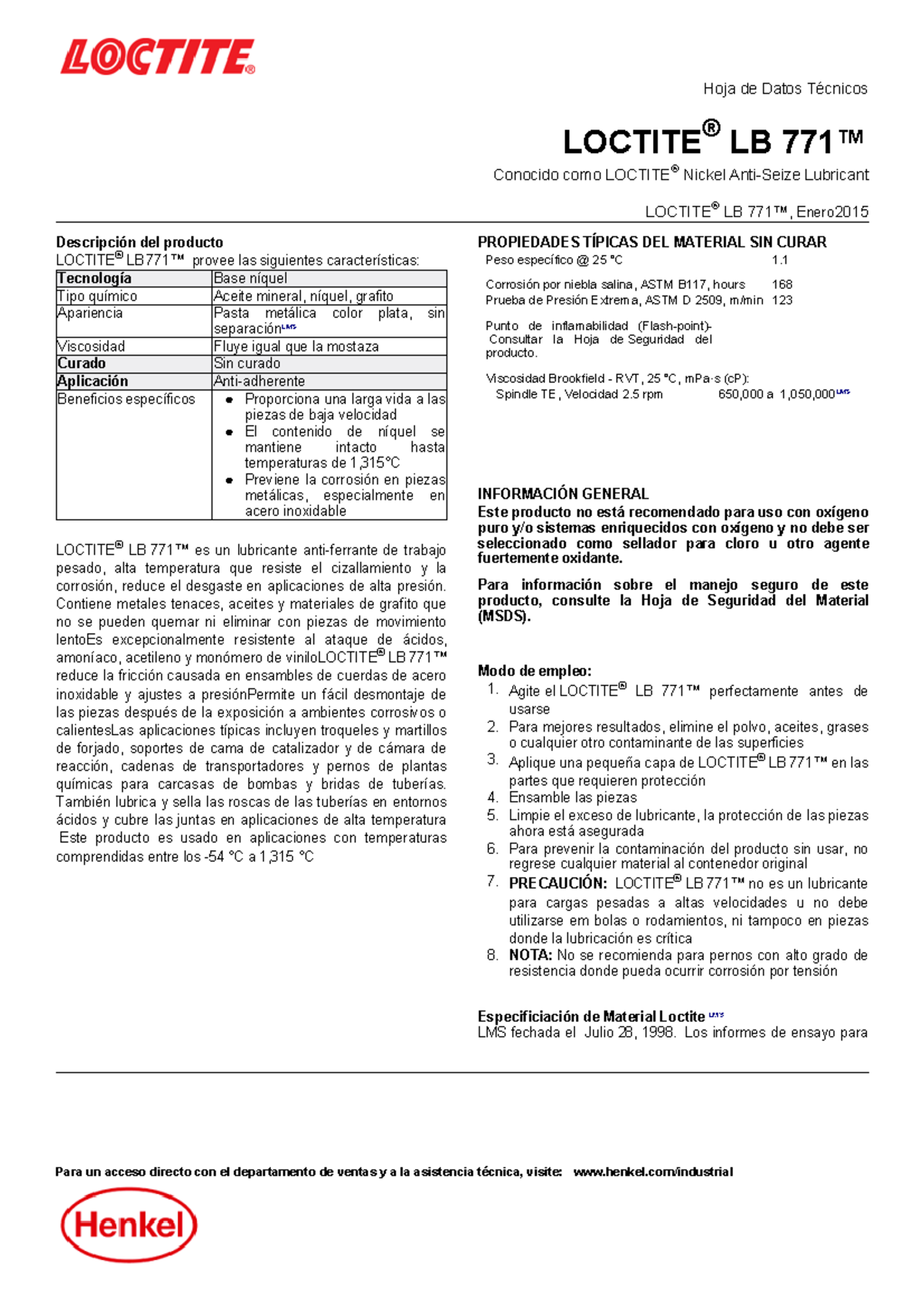 Hoja de Seguridad LOCTITE® LB 771™ - Lubricante Antiferrante de Níquel ...