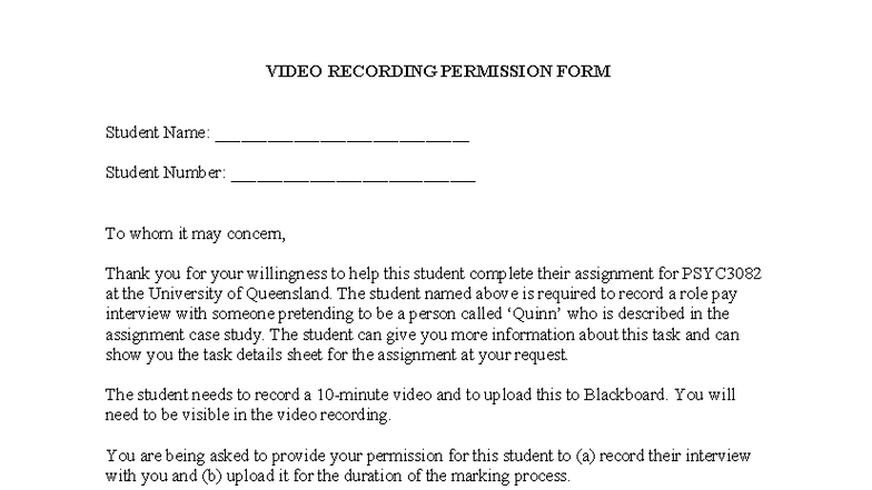 PSYC3082 Video Recording Permission Form for Role Play Interview - Studocu