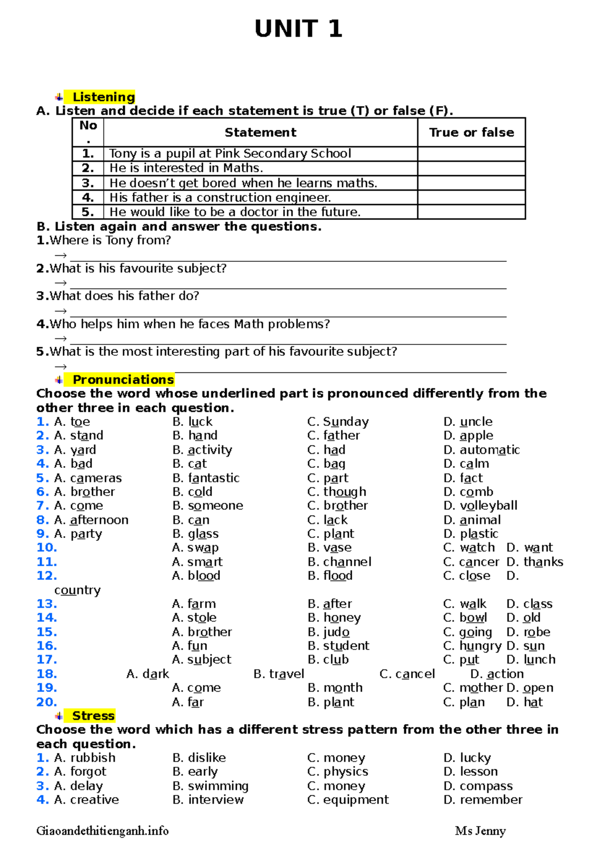 UNIT 1 - Listening, Pronunciation & Vocabulary Exercises - Studocu