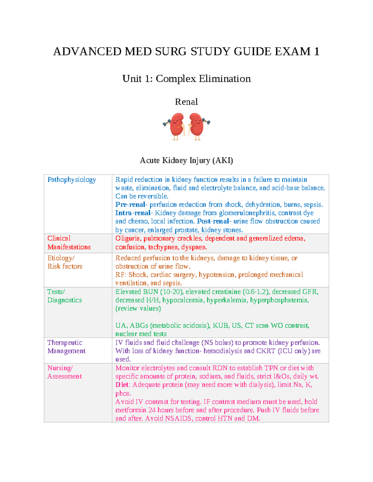 Advanced Med Surg Study Guide: Key Concepts for Exam 1 - Studocu