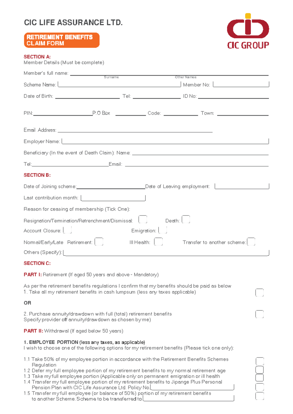 CIC LIFE ASSURANCE LTD. Retirement Benefit Claim Form 2022 - Studocu