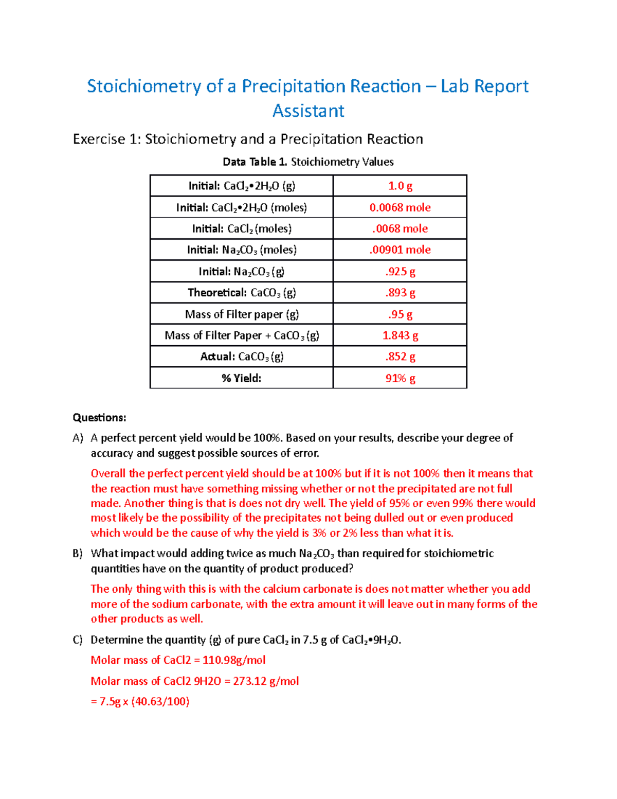 Stoichiometry of Precipitation Reactions - Lab Report RPT - Studocu