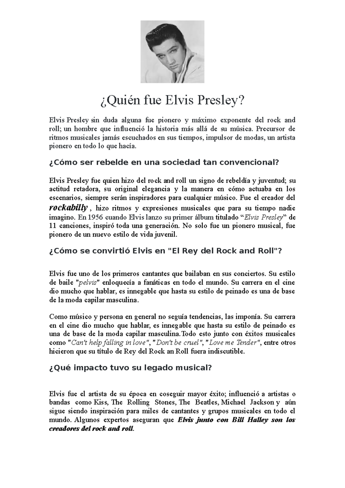Elvis Presley: El Rey del Rock and Roll y su Legado Musical - Studocu
