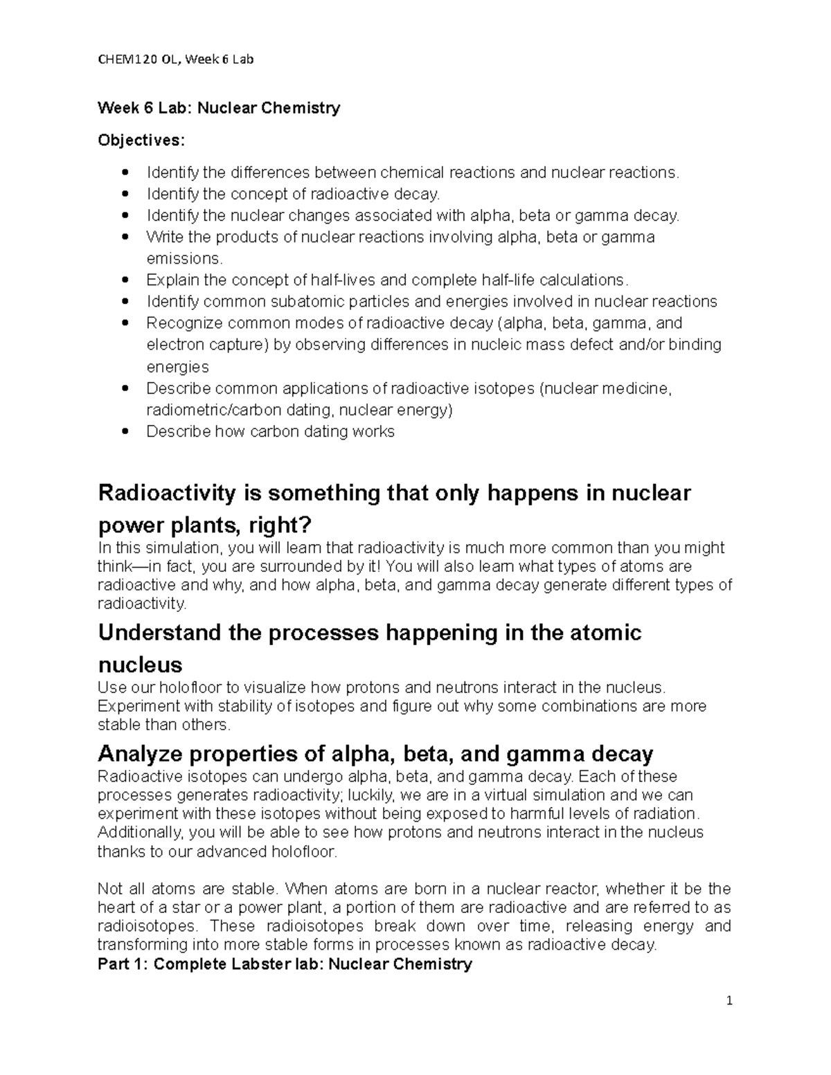 Week 6 Lab: Exploring Nuclear Chemistry and Radioactive Decay - Studocu
