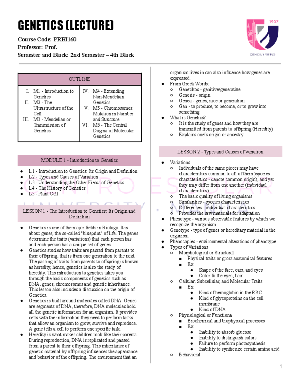 Genetics Lecture Notes (PRBI 2nd Sem - 4th Block) Overview - Studocu