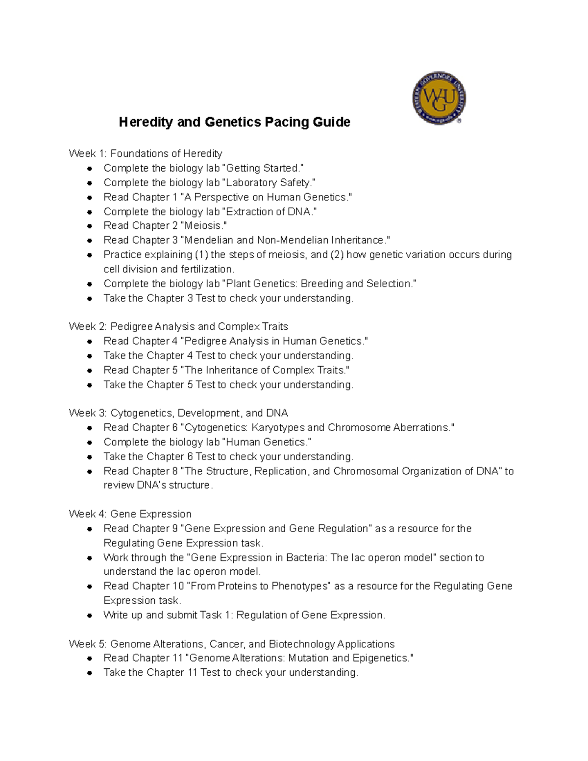 Heredity and Genetics Pacing Guide for Biology 101 (Weeks 1-6) - Studocu