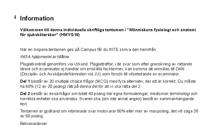 HMYG19 Tentamen i Fysiologi och Anatomi: MCQ och Essäer - Studocu