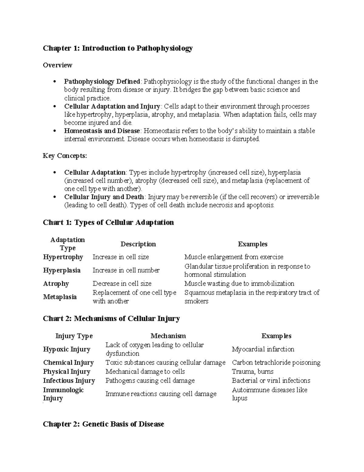 Chapter 1 & 2 Charts: Overview of Pathophysiology Concepts - Studocu