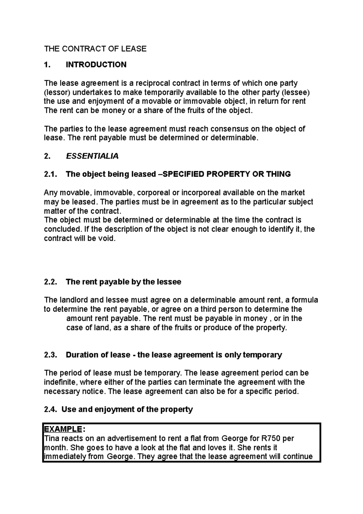 Contract of Lease Overview: Essential Terms and Responsibilities - Studocu