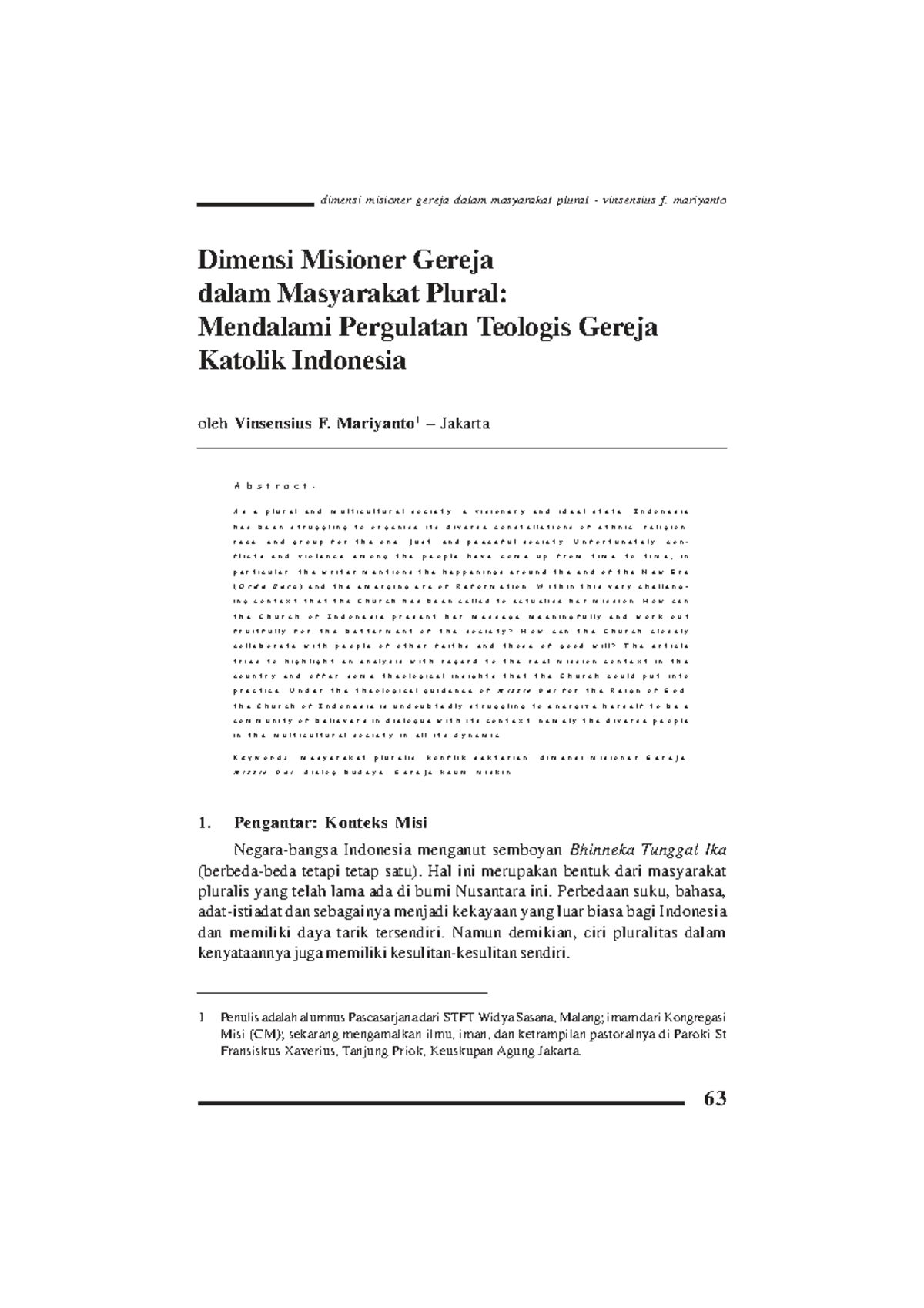 Dimensi Misioner Gereja dalam Masyarakat Plural: Analisis Teologis dan ...