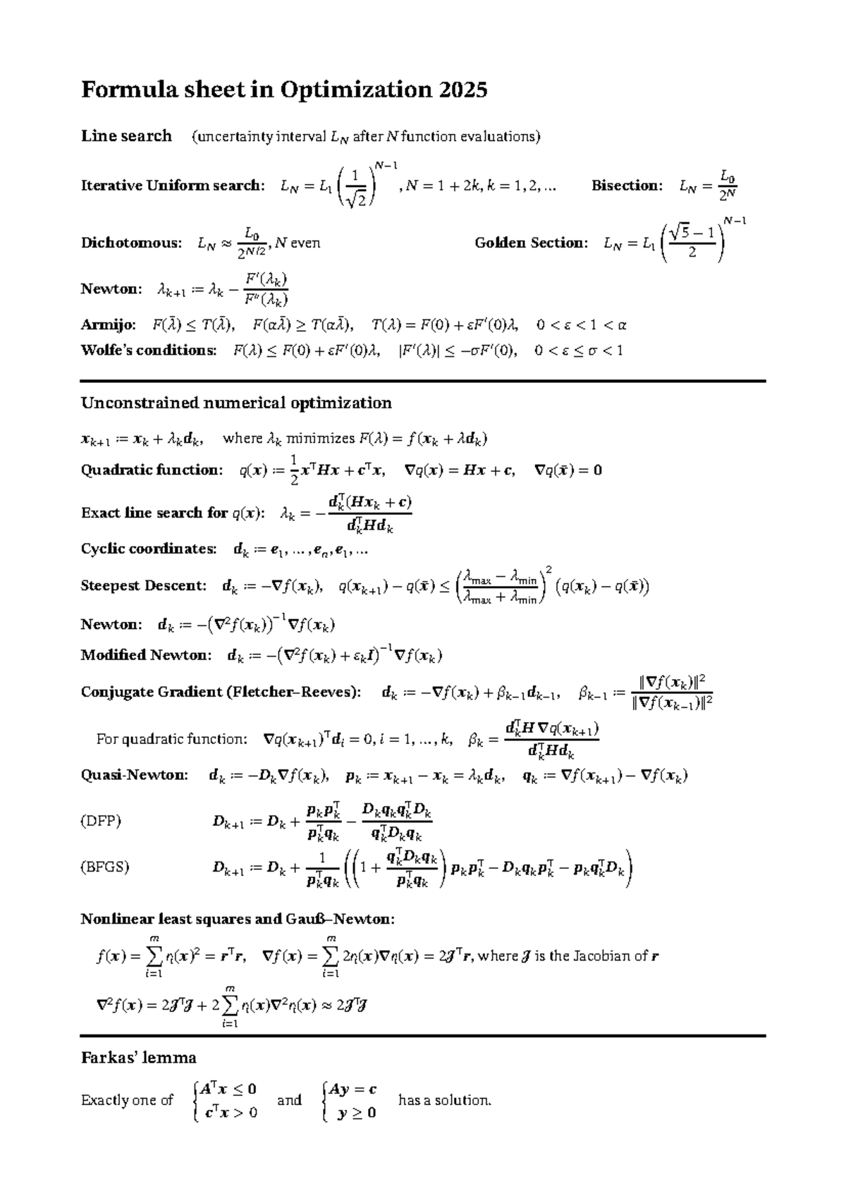 Optimization 2025: Key Formulas for Line Search Techniques - Studocu