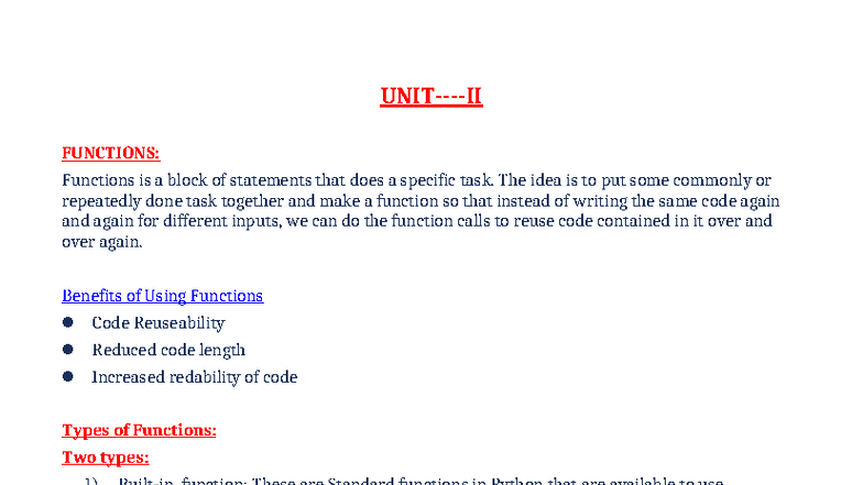 Python Unit-II: Understanding Functions and Their Applications - Studocu