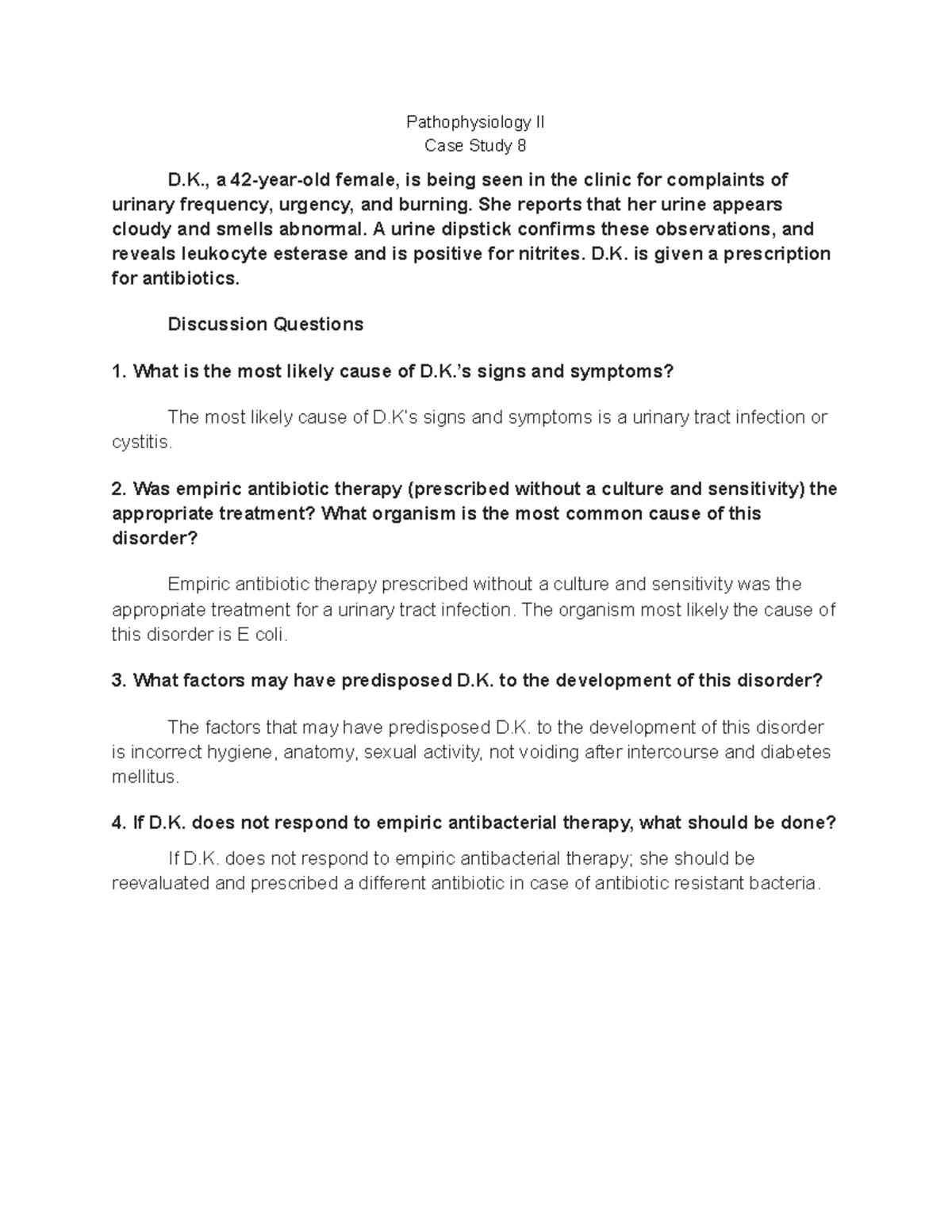 Pathophysiology II: Case Study 8 on Urinary Tract Infection - Studocu