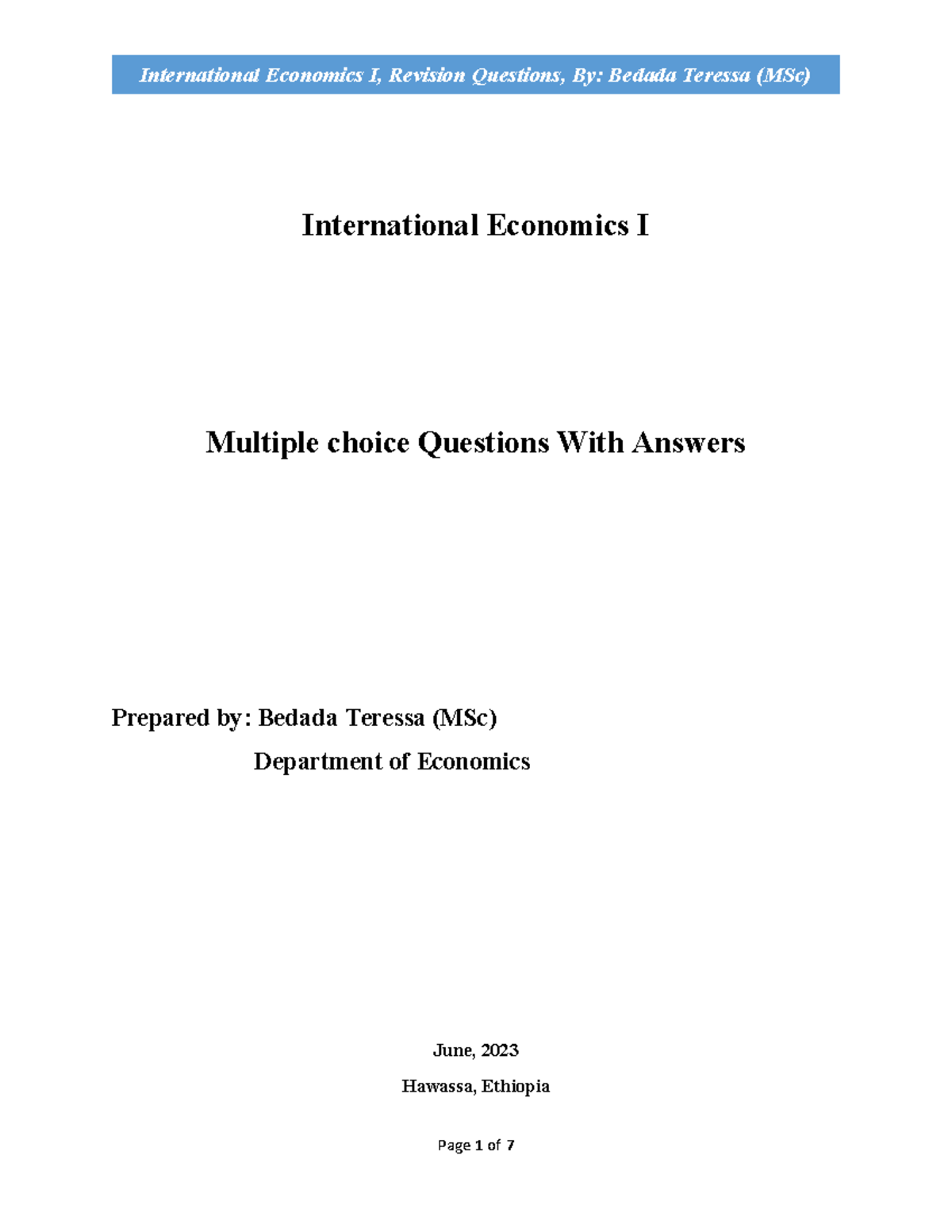 International Economics I: Revision MCQs with Answers by Bedada Teressa ...