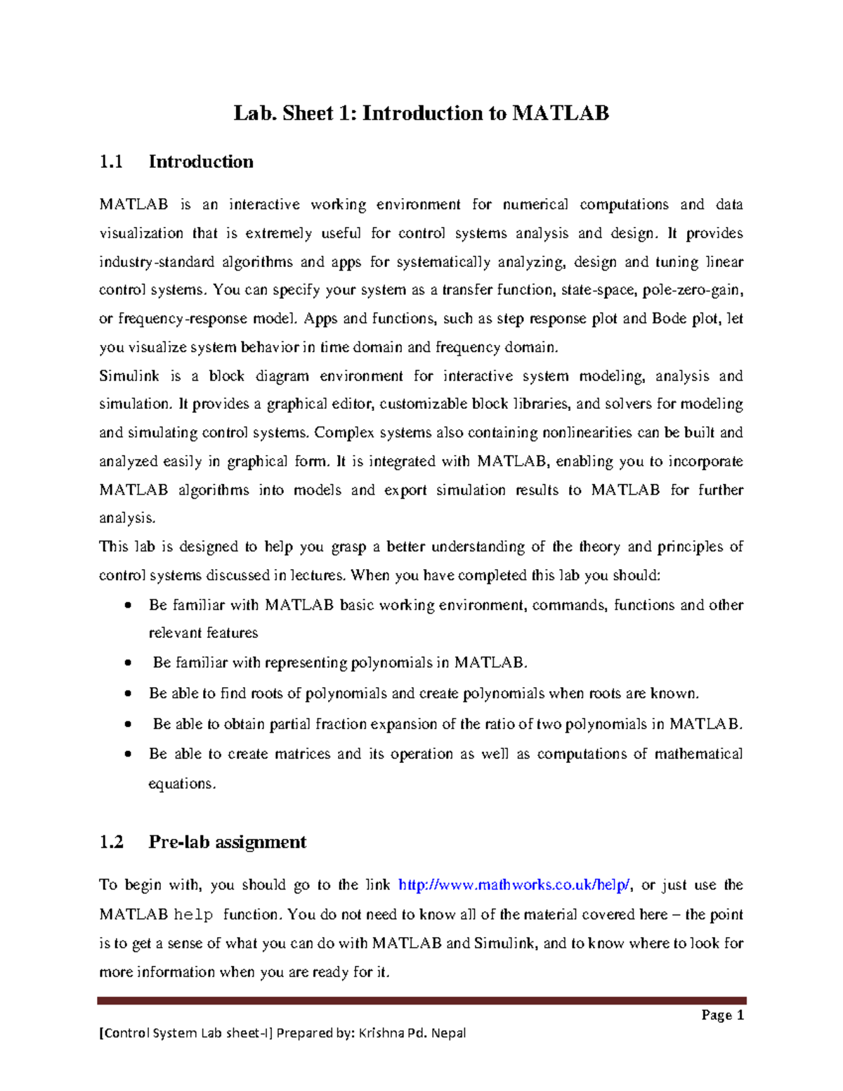 CS Lab1: Introduction to MATLAB for Control Systems Analysis - Studocu
