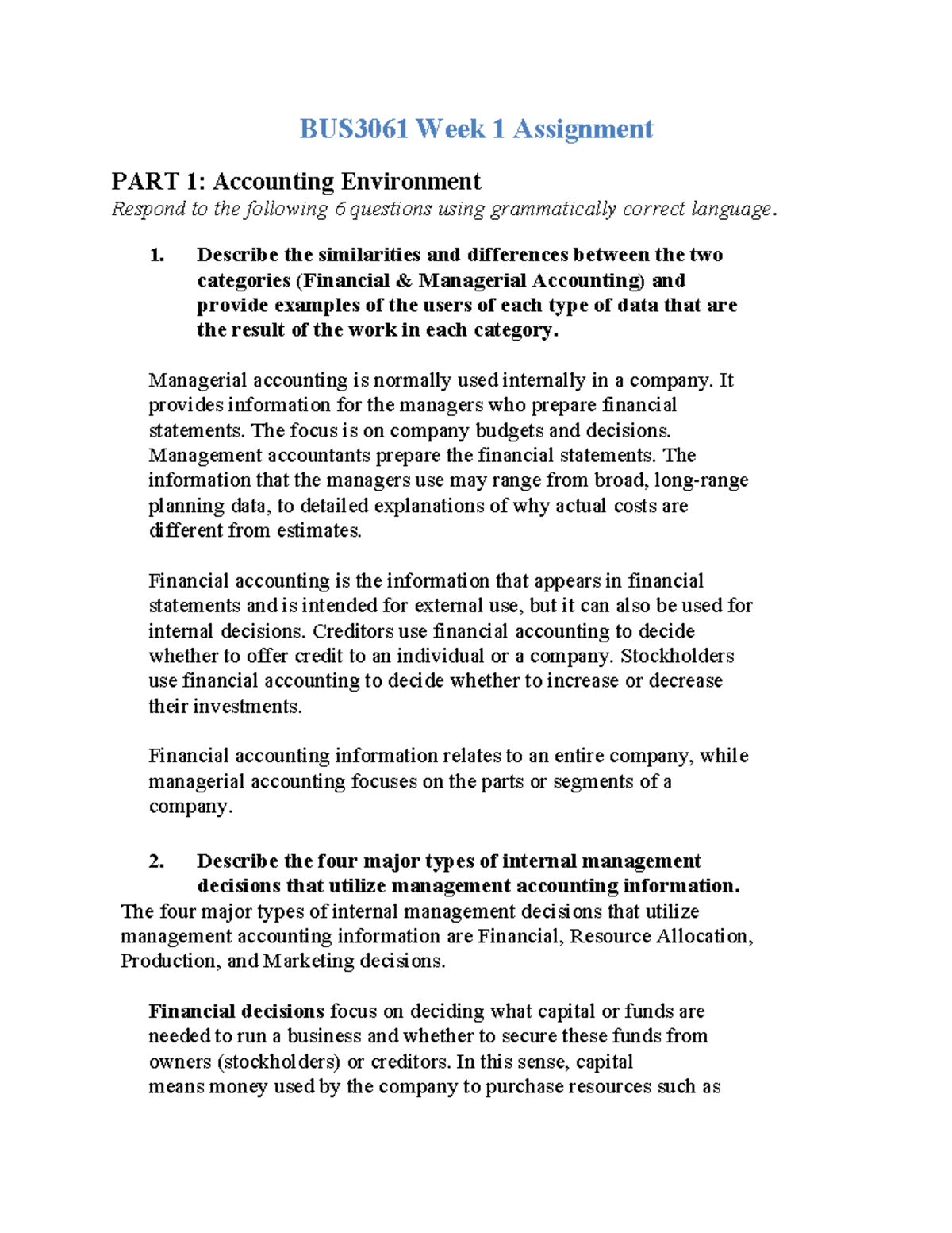 BUS3061 Week 1 Accounting Assignment: Understanding Core Concepts - Studocu