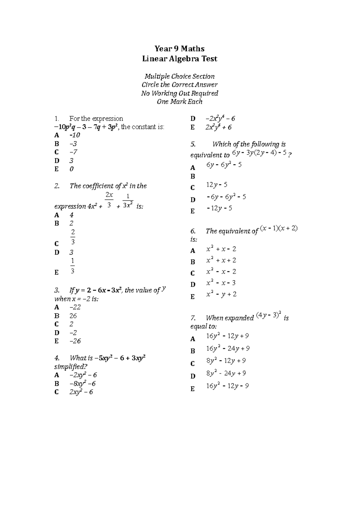 Yr 9 Linear Algebra Test - Multiple Choice & Working Out Questions ...