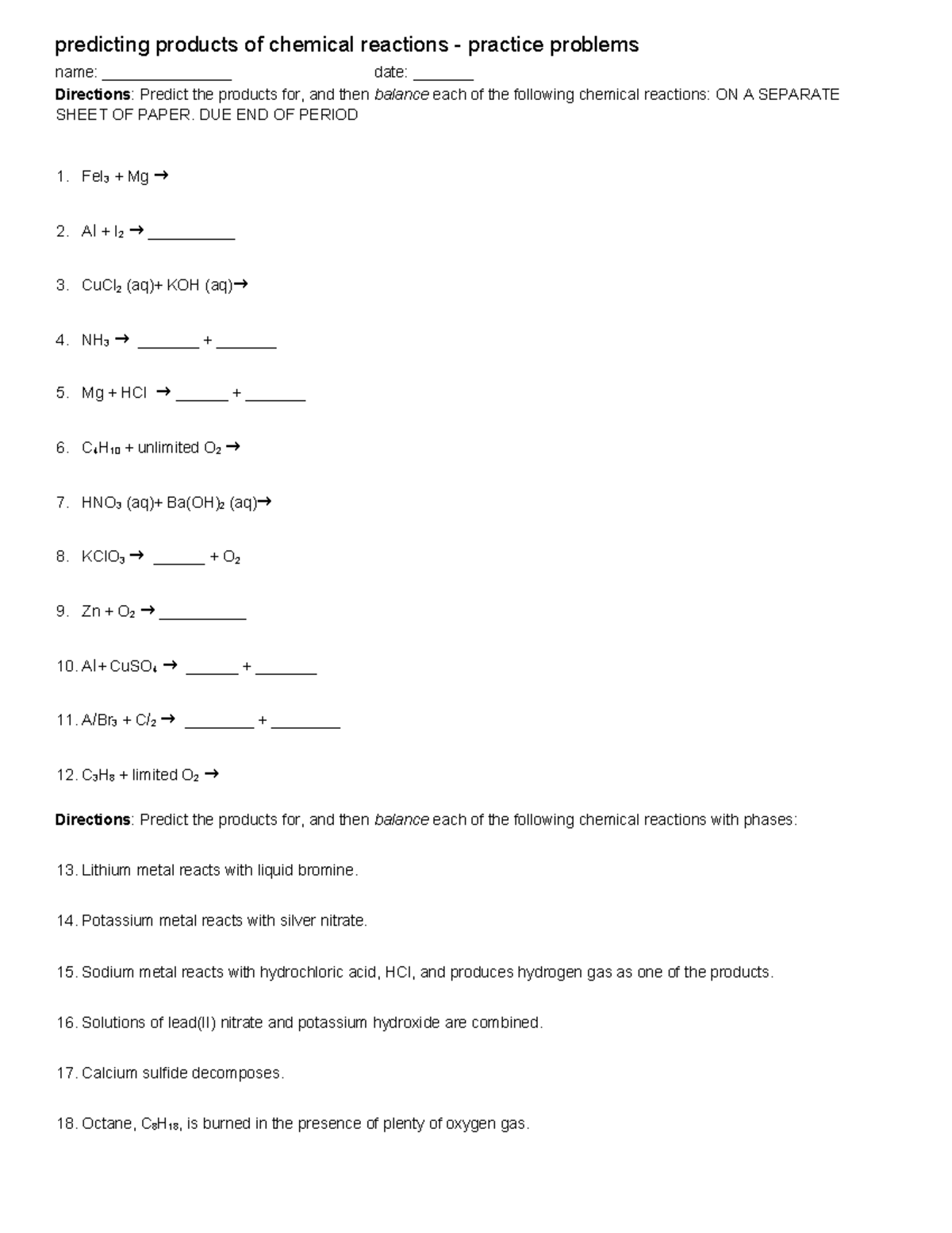 Chemical Reactions Practice Problems - Predictions & Balancing - Studocu