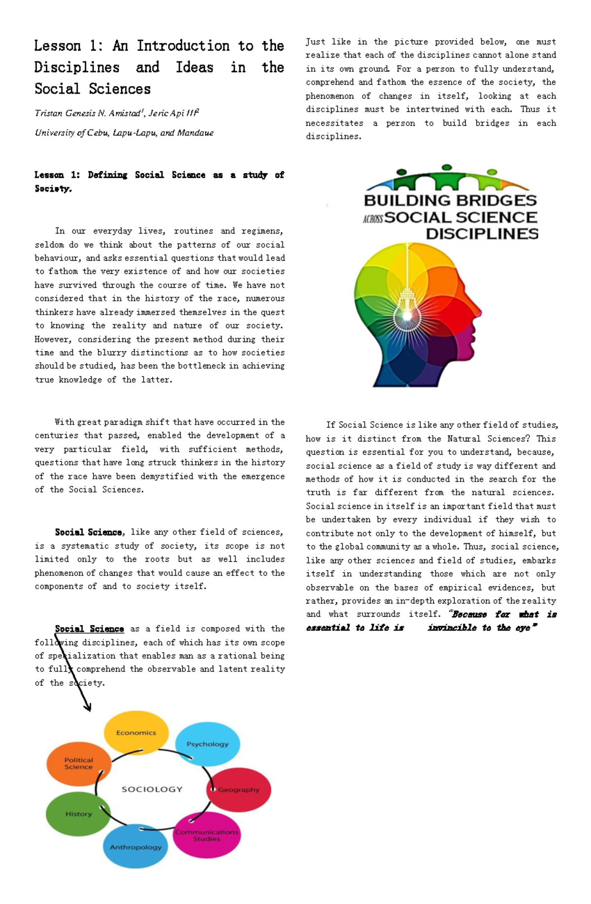 Lesson 1: Introducing the Social Sciences - Lesson 1 : An Introduction ...