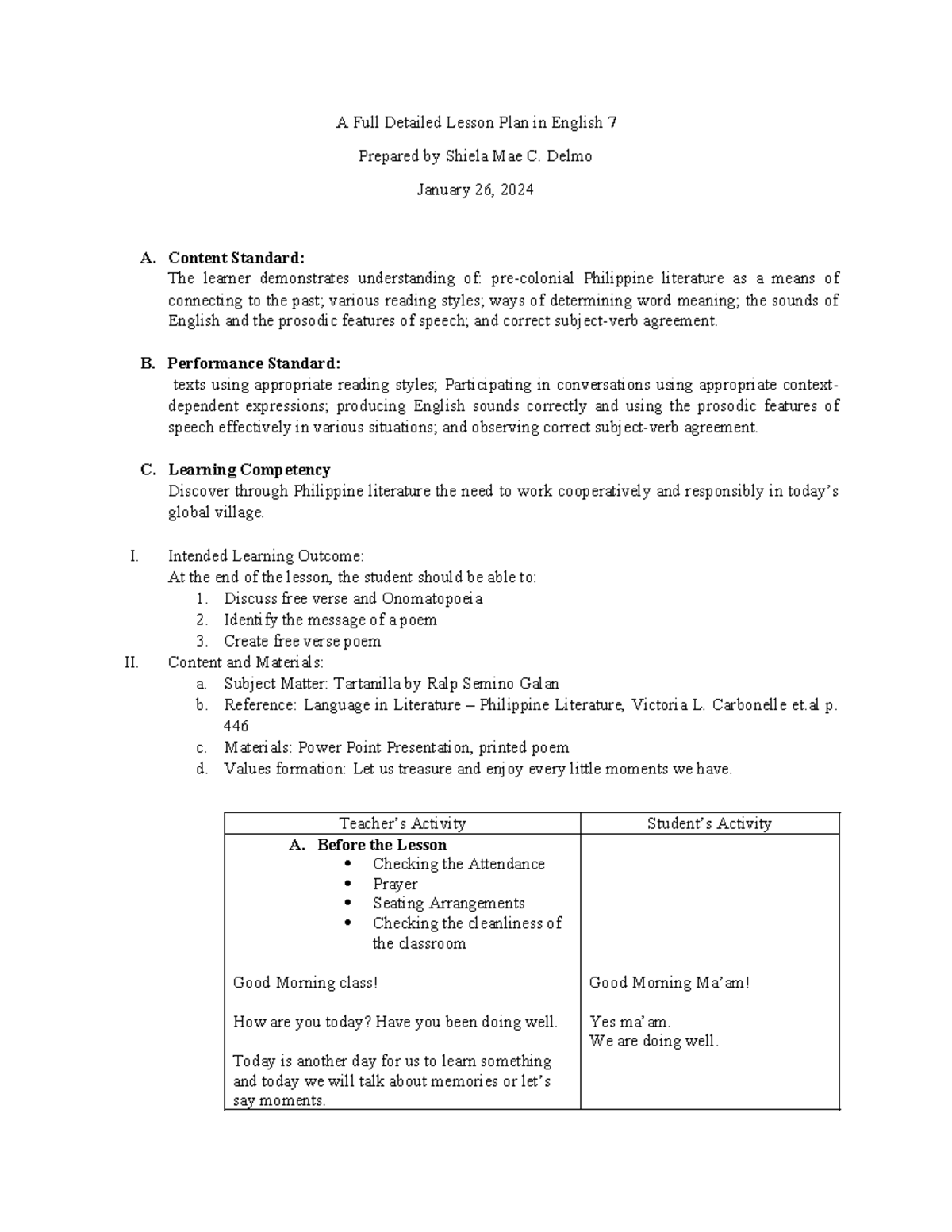 Detailed Lesson Plan: English 7 on Poetry & Onomatopoeia - Studocu