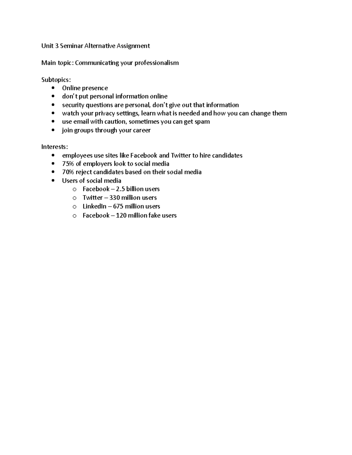 Unit 3 Seminar Alternative Assignment - Unit 3 Seminar Alternative Assignment Main topic: - Studocu