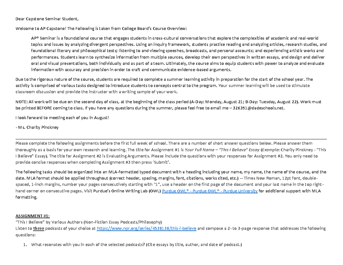 AP Capstone Seminar Summer Learning - Dear Capstone Seminar Student ...
