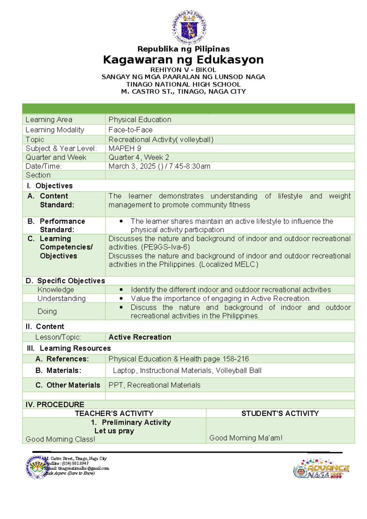 PE 9 Q4W2: Lesson Plan on Indoor & Outdoor Recreational Activities ...