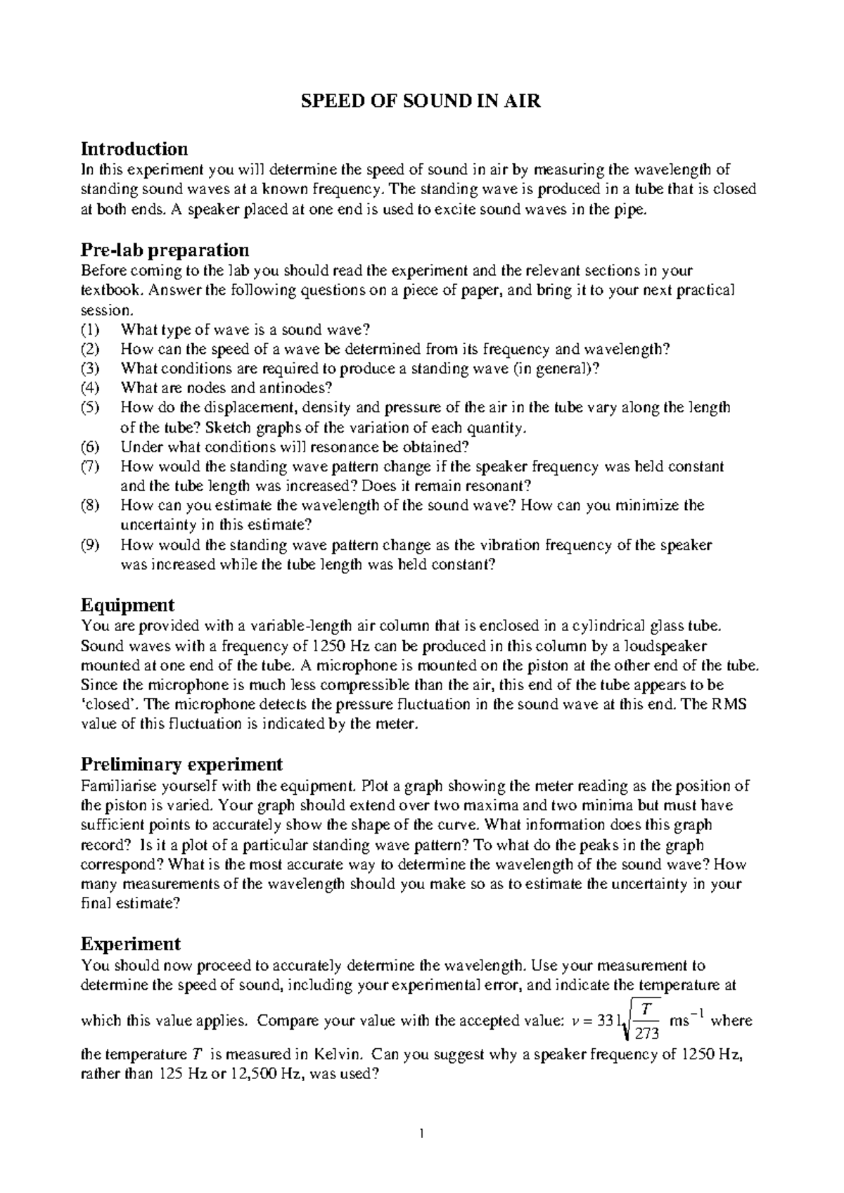 Speed of Sound in Air: Practical Notes for Experiment (PHYS 101) - Studocu