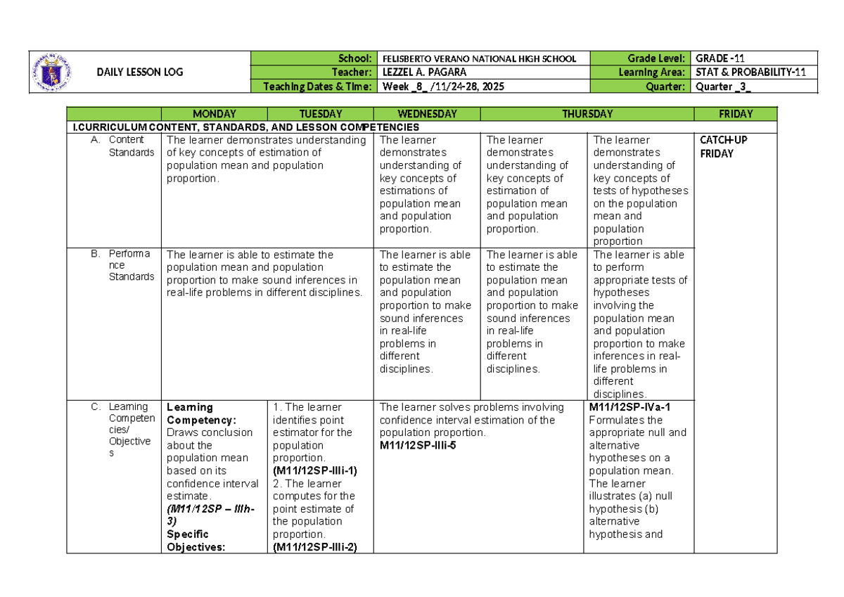 STAT-DLP-W8 Daily Lesson Log: Estimation in Statistics & Probability ...