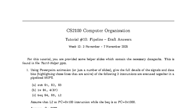 CS2100 Computer Organisation Tutorial 10 - Pipeline Draft Answers - Studocu