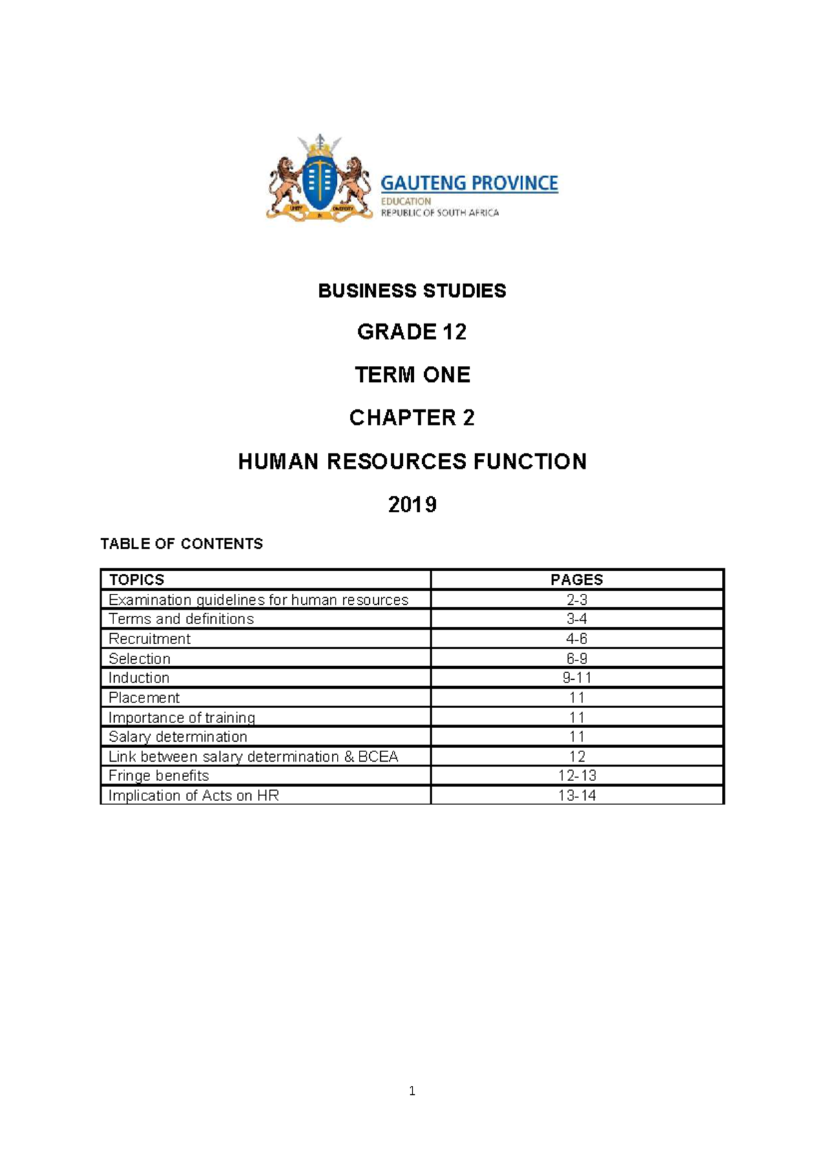 BUSINESS STUDIES GRADE 12 TERM 1 CHAPTER 2 HUMAN RESOURCES FUNCTION ...