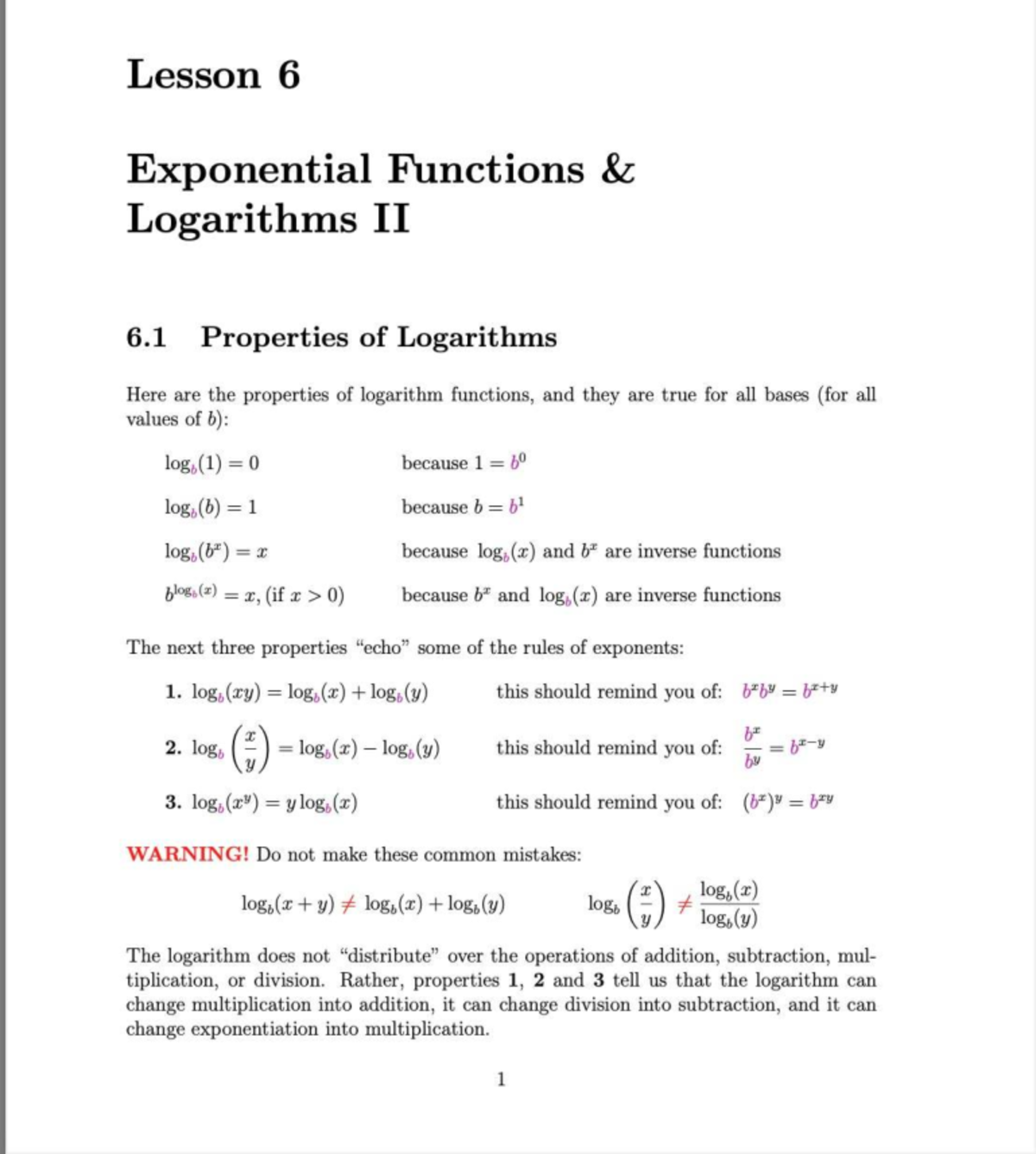 Lesson 6-summary - Summary Elementary Functions - Lesson 6 Exponential ...