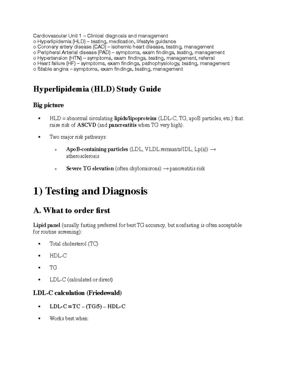 Cardiovascular Unit 1 Study Guide: HLD, CAD, PAD, HTN, HF Management ...
