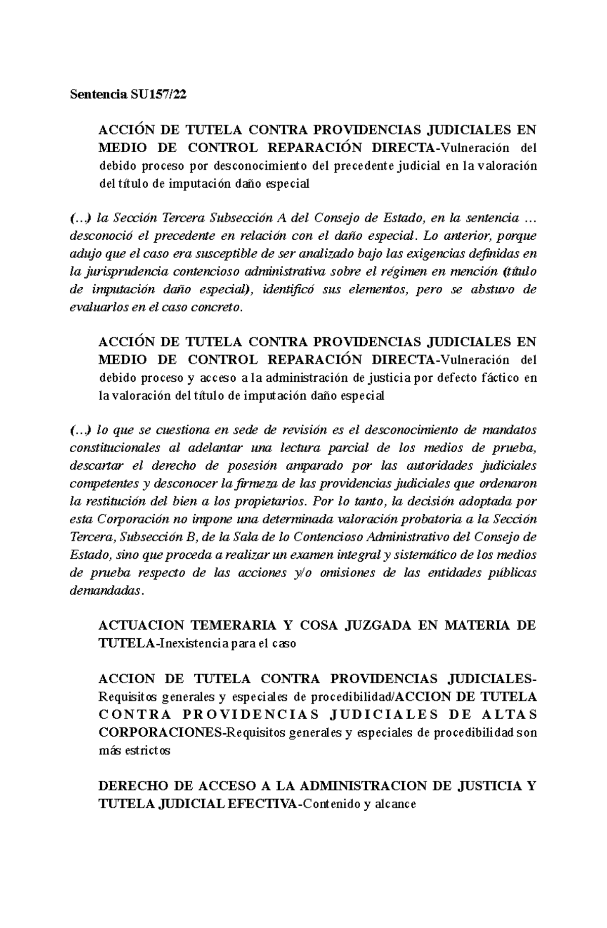 Sentencia SU157/22: Análisis de Tutela y Derecho a la Justicia - Studocu