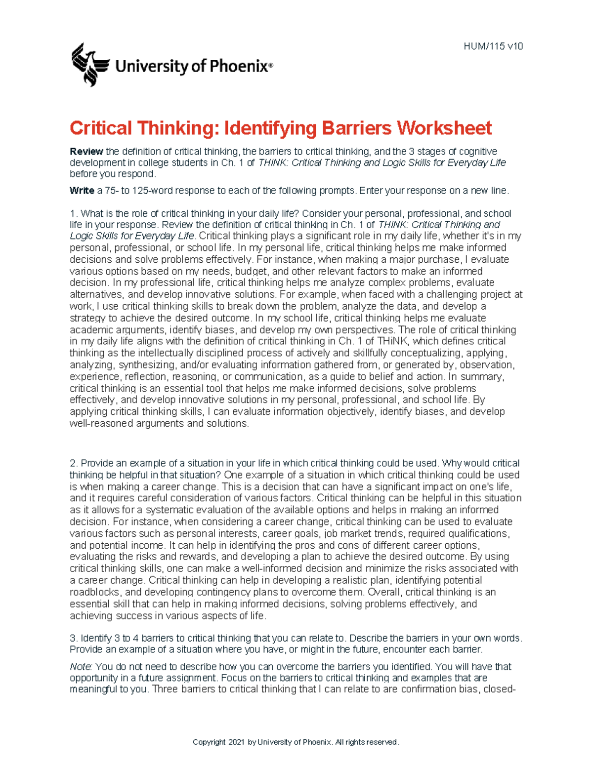 HUM115 v10 Wk1 Critical Thinking Barriers Worksheet Responses - Studocu