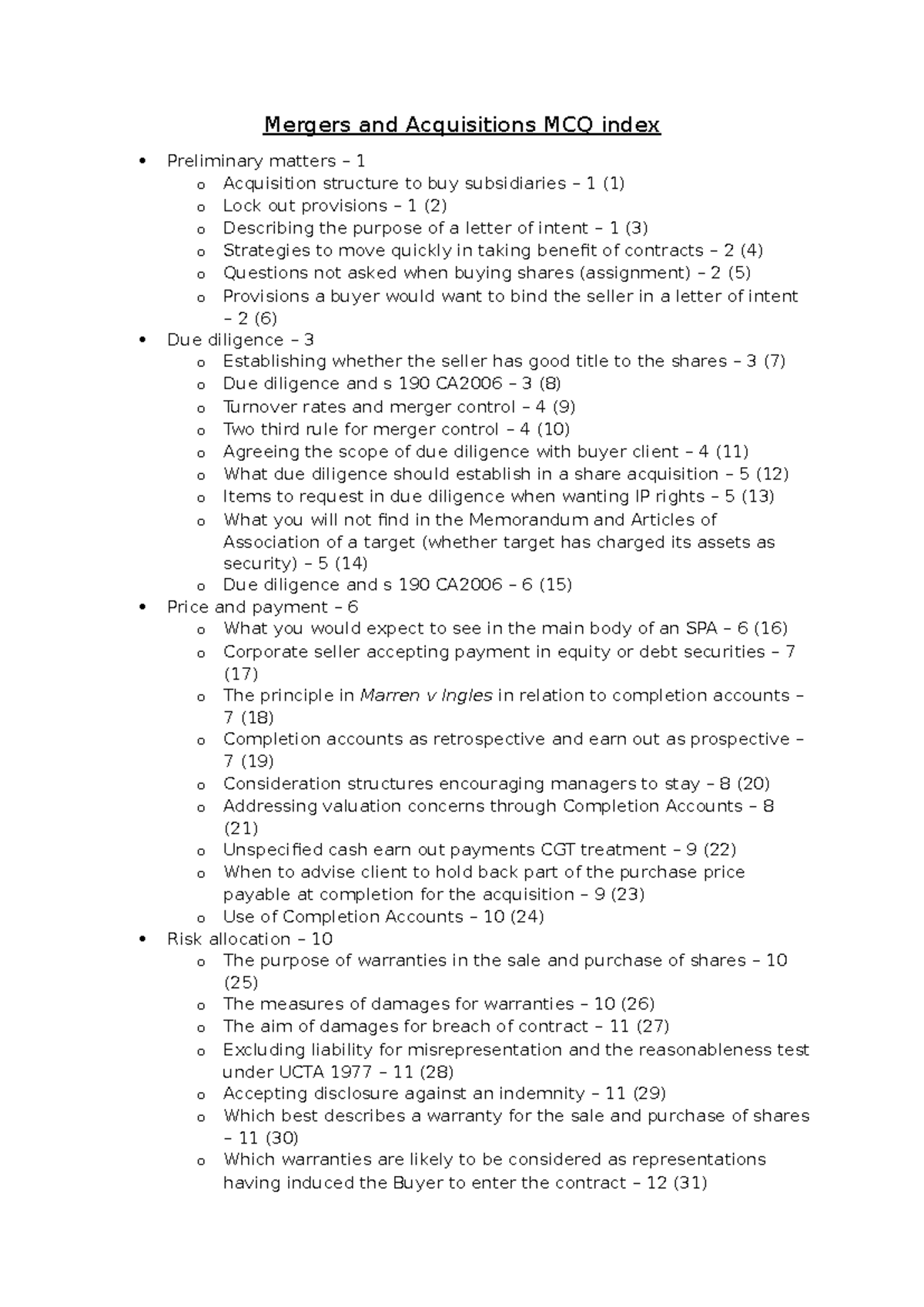 Mergers and Acquisitions MCQ Index: Comprehensive Study Guide - Studocu