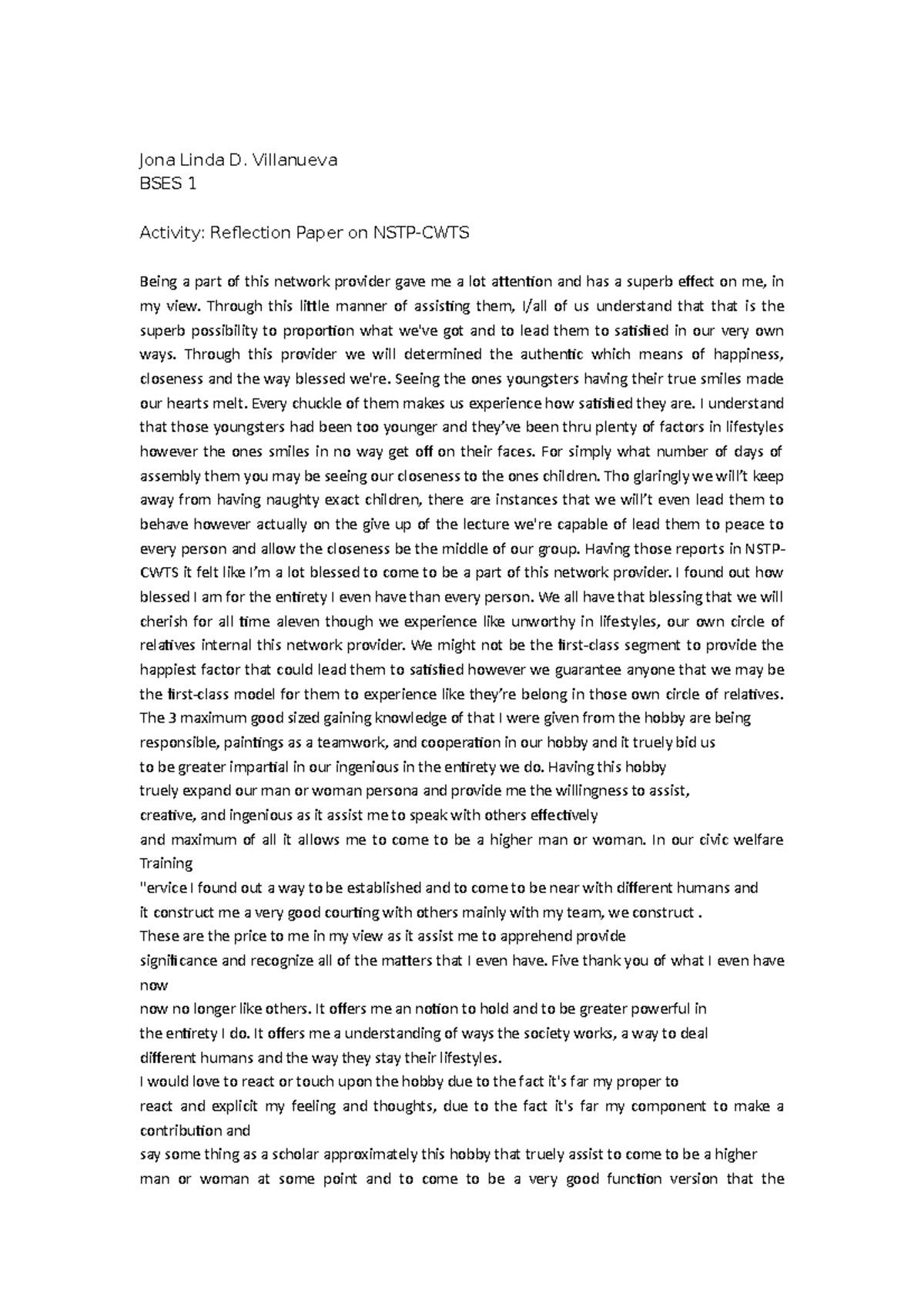 Reflection on CWTS NSTP - Jona Linda D. Villanueva BSES 1 Activity ...