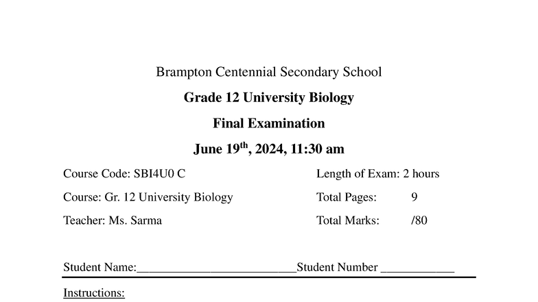 Biology Grade 12 University Final Exam Practice - SBI4U0 C - Studocu