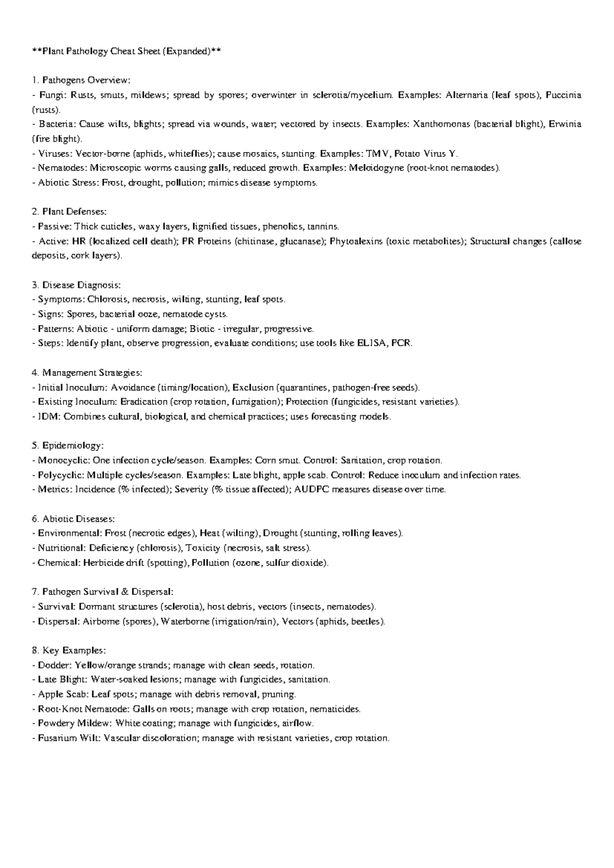 Plant Pathology Cheat Sheet: Pathogens & Management Strategies - Studocu